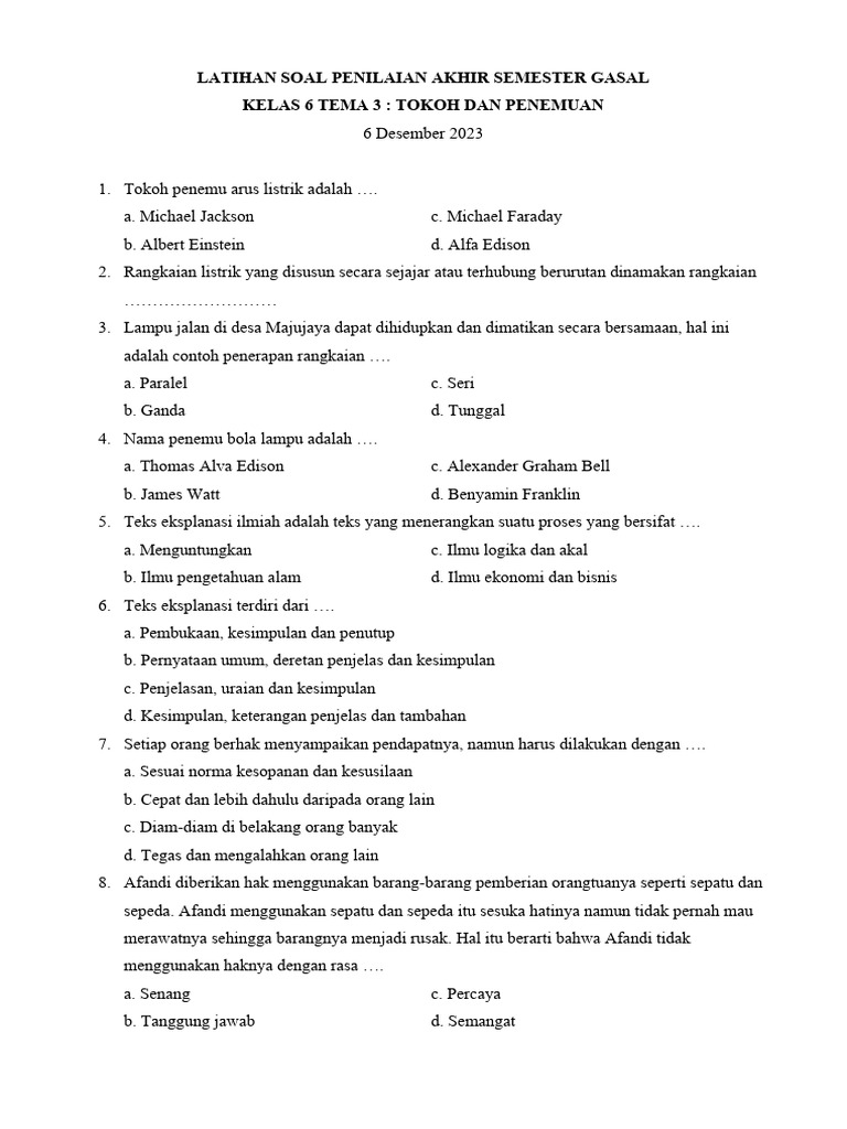 Latihan Soal Penilaian Akhir Semester Gasal | PDF