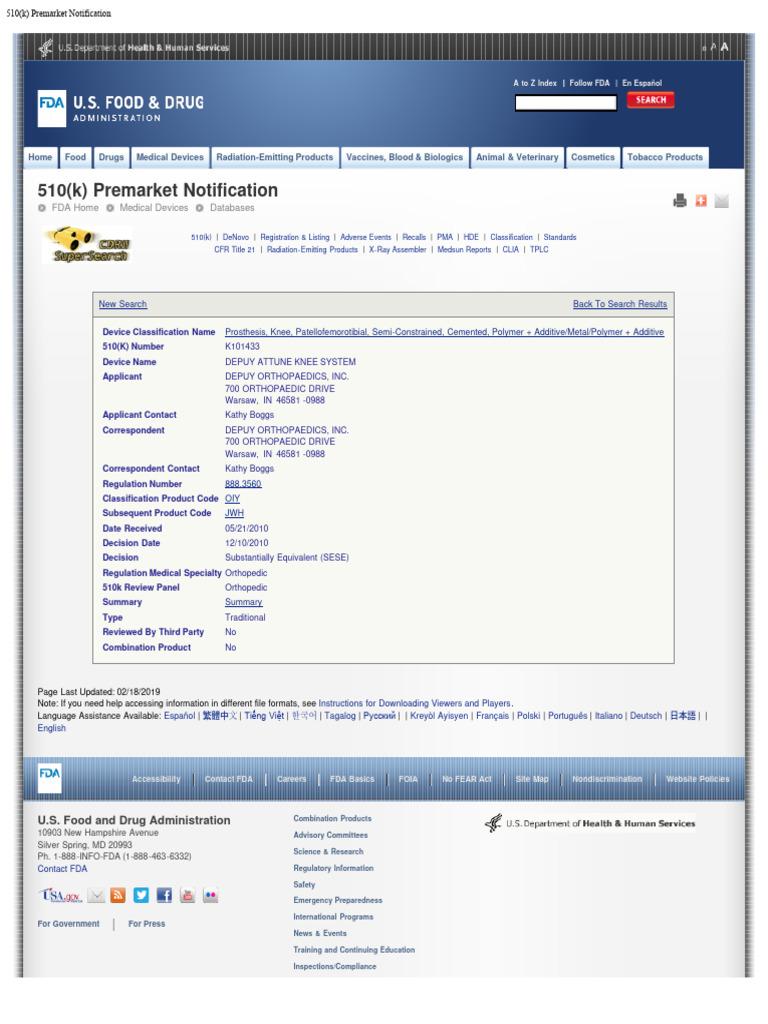 510 (K) Premarket Notification: FDA Home Medical Devices Databases | PDF | Federal Food | Knee