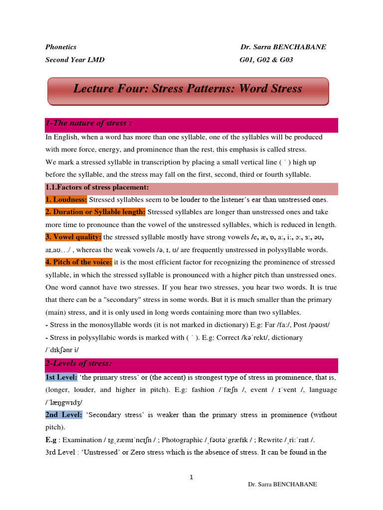 Lecture 4 Stress Word Pdf Stress Linguistics Syllable