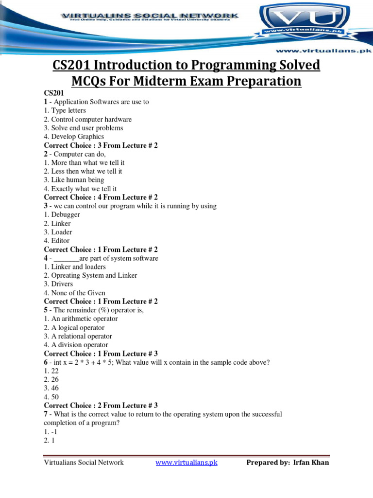 CS201 Introduction To Programming Solved MCQs For Midterm Exam | PDF | Pointer (Computer ...