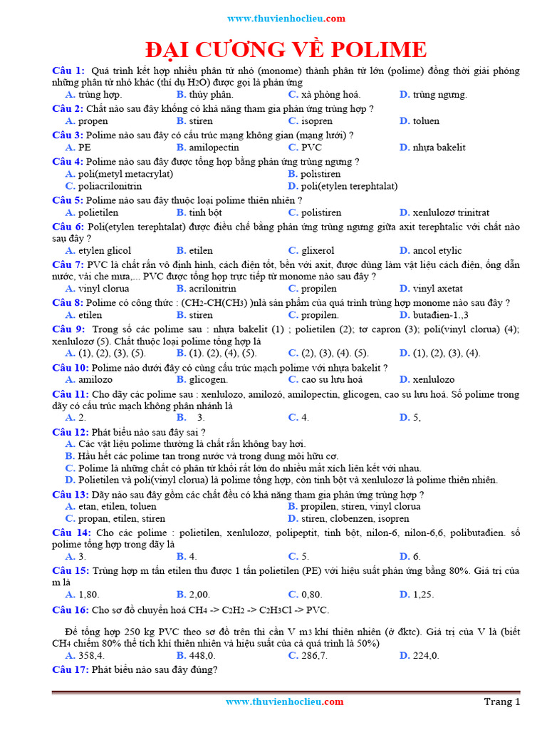 Trac Nghiem DAI CUONG VE POLIME Co Dap An | PDF