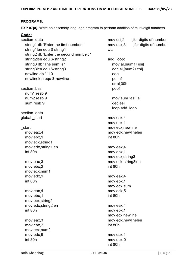 Mpmc Exp 07 Code And Output Print Pdf Computer Programming Computer Science