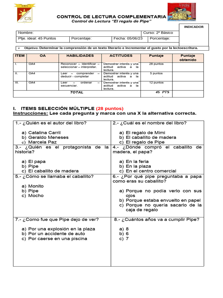 Evaluación Libro El Regalo de Pipe | PDF