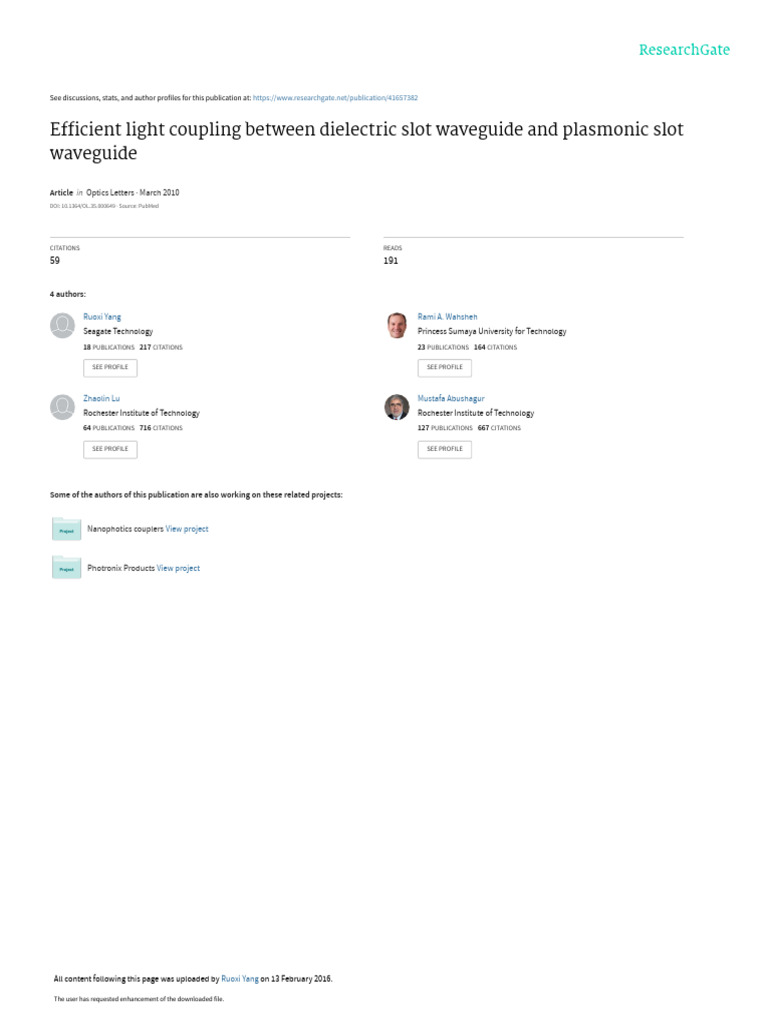 15 2010 Optics Letters Efficient Light Coupling Between Dielectric Slot Waveguide And
