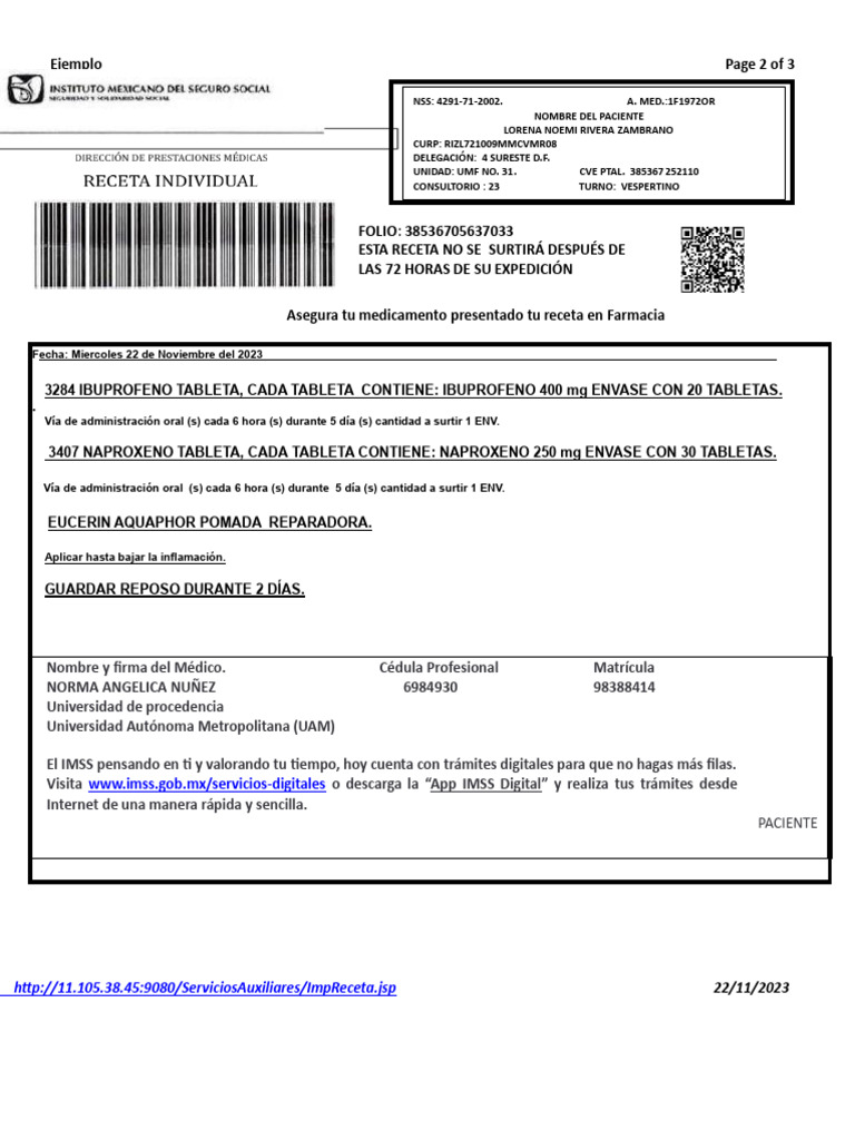 Ejemplo de Receta Médica IMSS | PDF | Farmacología | Medicina CLINICA