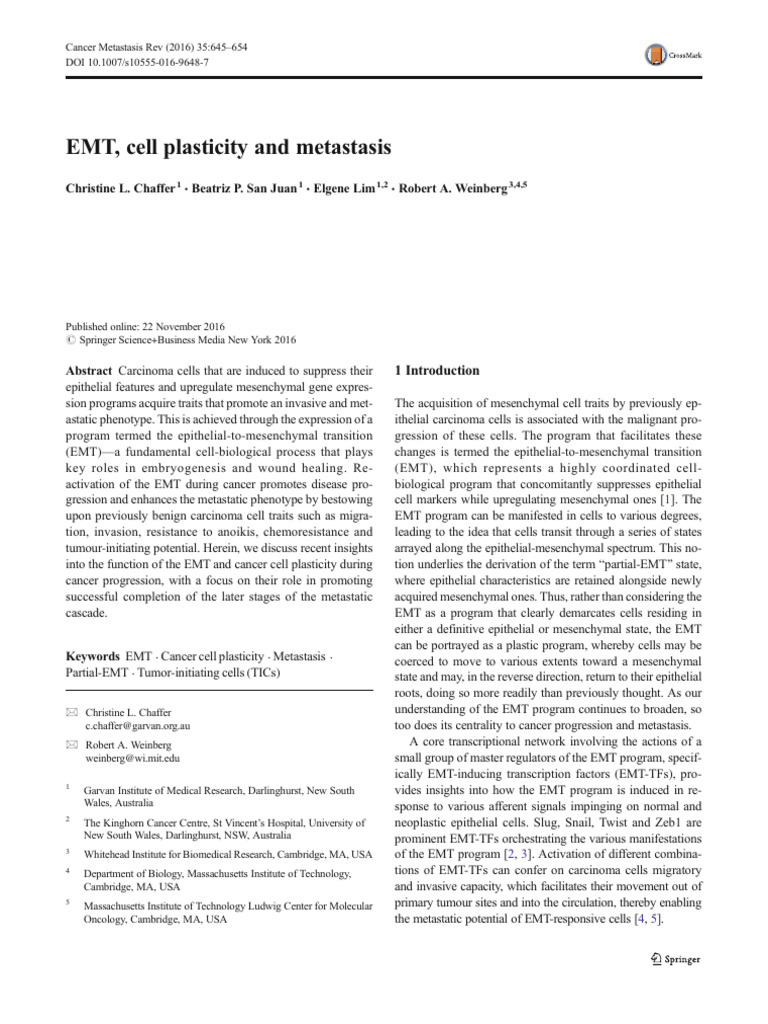 EMT, Cell Plasticity and Metastasis | PDF | Metastasis | Transforming ...