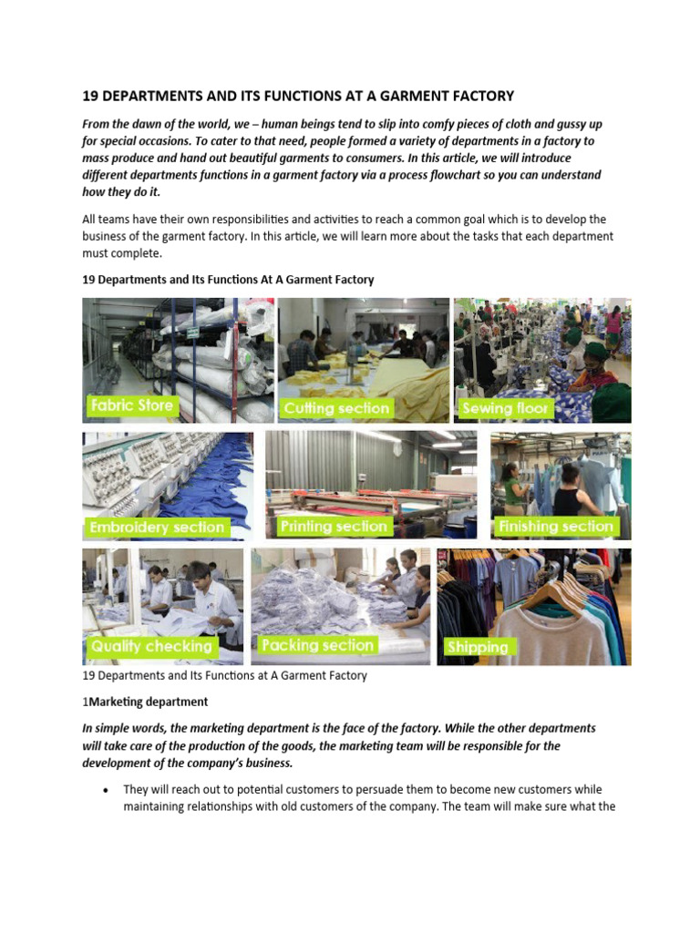 19 Departments and Its Functions at A Garment Factory | PDF | Sewing | Textiles