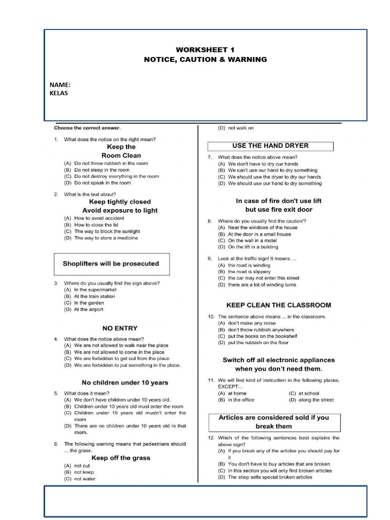 Worksheet 1 - Notice Caution Warning | PDF