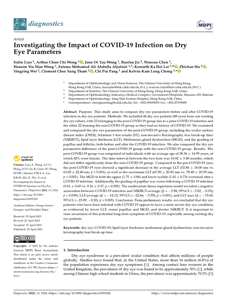 Investigating The Impact of COVID-19 Infection On Dry Eye Parameters ... Investigating The Impact of COVID-19 Infection On Dry Eye Parameters ...
