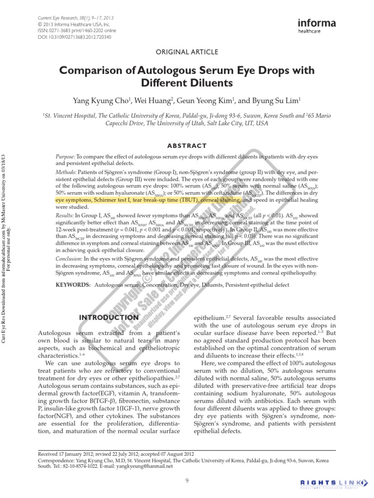 Comparison of Autologous Serum Eye Drops With Different Diluents | PDF ...