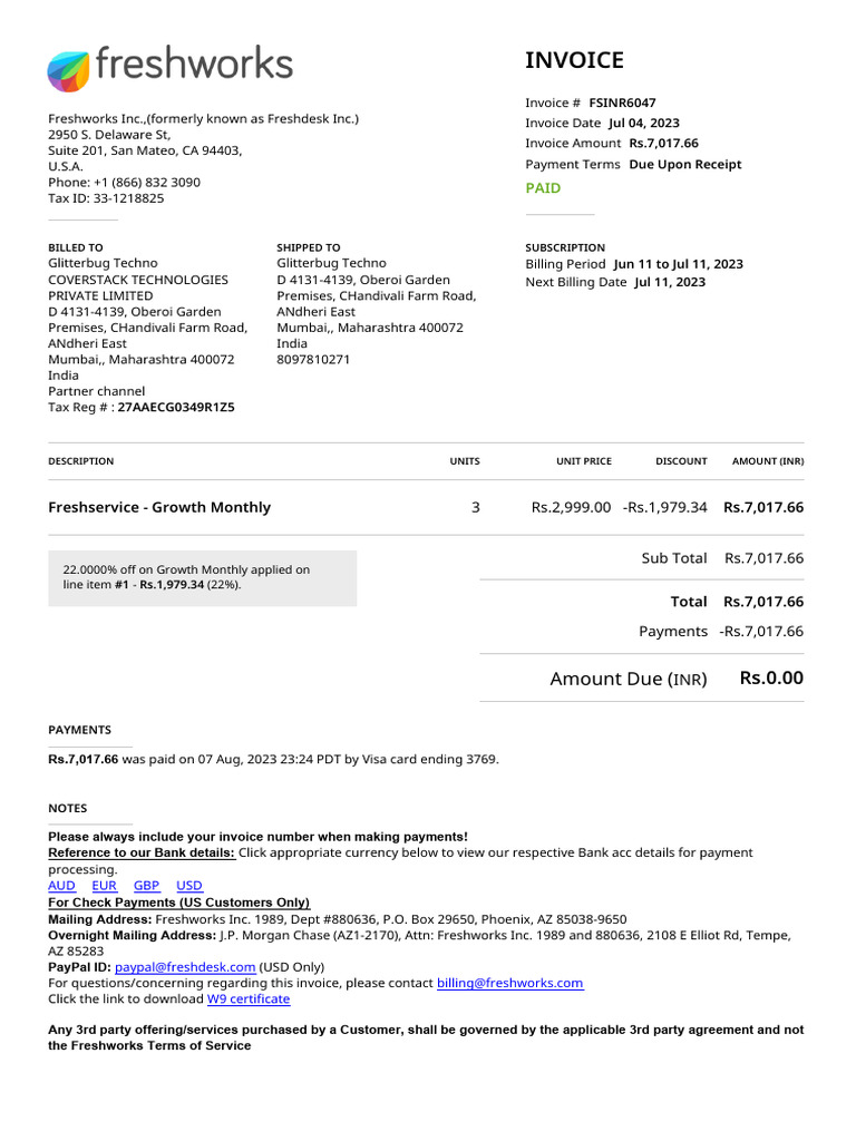 Freshservice-Inr Invoice 16A6aDTmKYKwj1HZG | Download Free PDF | Invoice | Payments