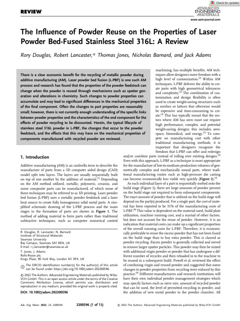 Adv Eng Mater - 2022 - Douglas - The Influence of Powder Reuse On The Properties of Laser Powder ...