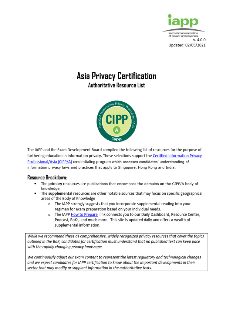 CIPP A Authoritative Resource List 4.0 | PDF | Privacy | Information