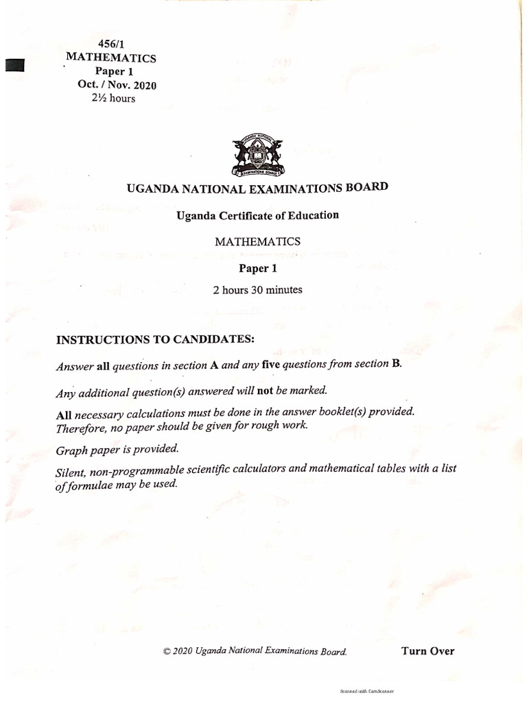 UCE Math 1 UNEB 2020 | PDF
