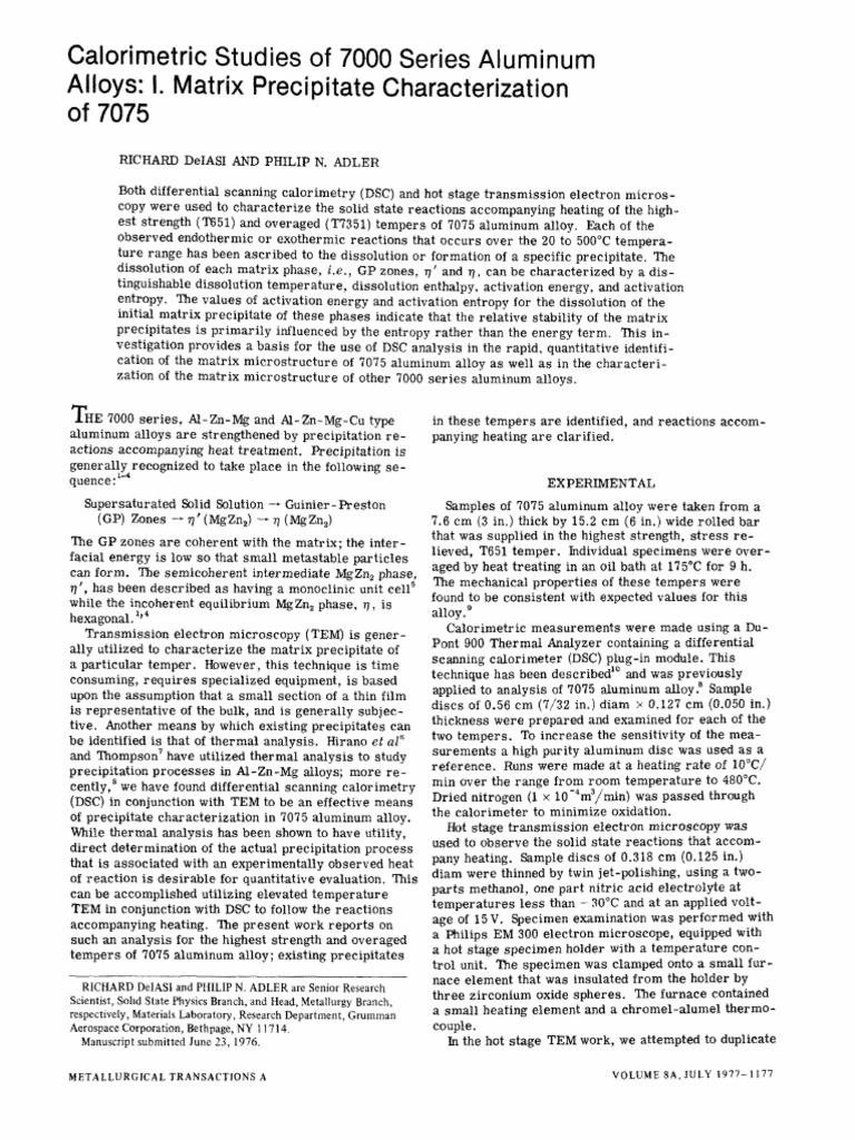 1977 Calorimetric Studies of 7000 Series Aluminum Alloys - I. Matrix Precipitate ...