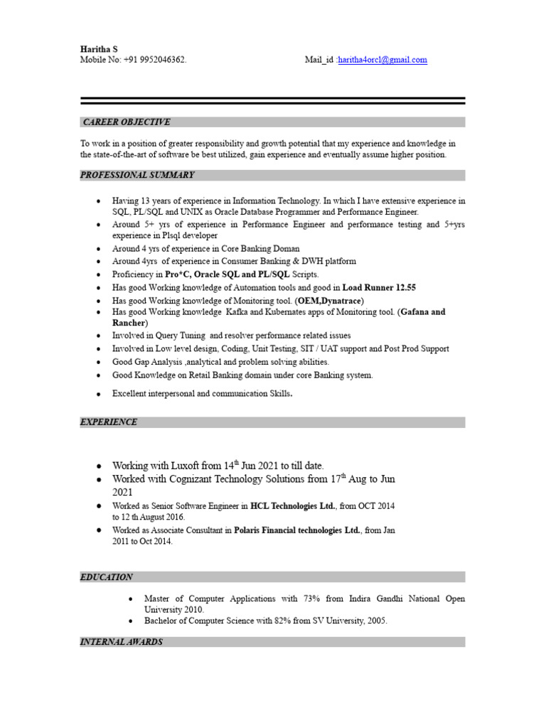 Haritha 13YrsExp Performance Engineer OracleLUNIXPlatform | PDF | Databases | Pl/Sql