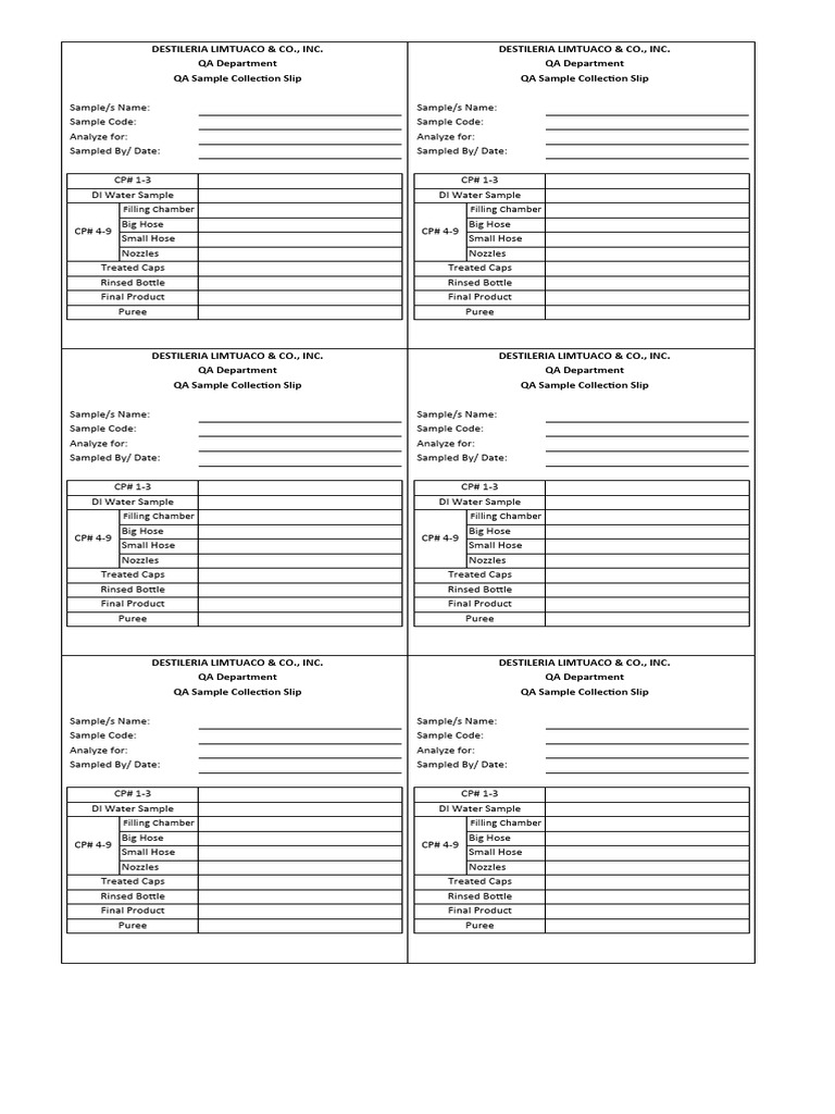 Form - DLCI-QA-xxrev.00 QA Sample Collection Slip | PDF | Home & Garden | Technology & Engineering