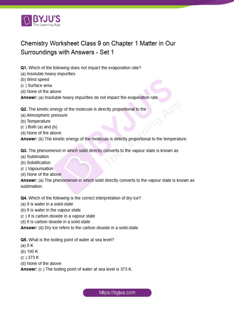 Chemistry Worksheet Class 9 On Chapter 1 Matter in Our Surroundings With Answers Set 1 | PDF ...