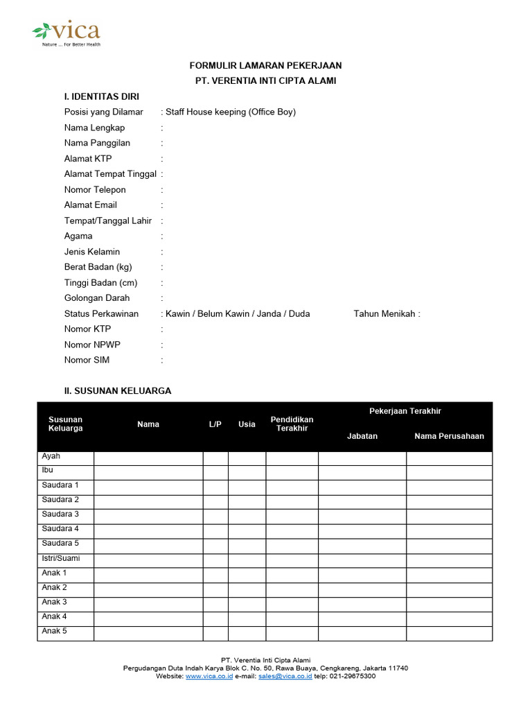 Formulir Lamaran Kerja PT. VICA-Staff Housekeeping | PDF