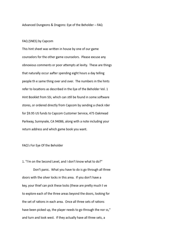 FAQ Eye of The Beholder SNES | PDF | Dwarf (Dungeons & Dragons)