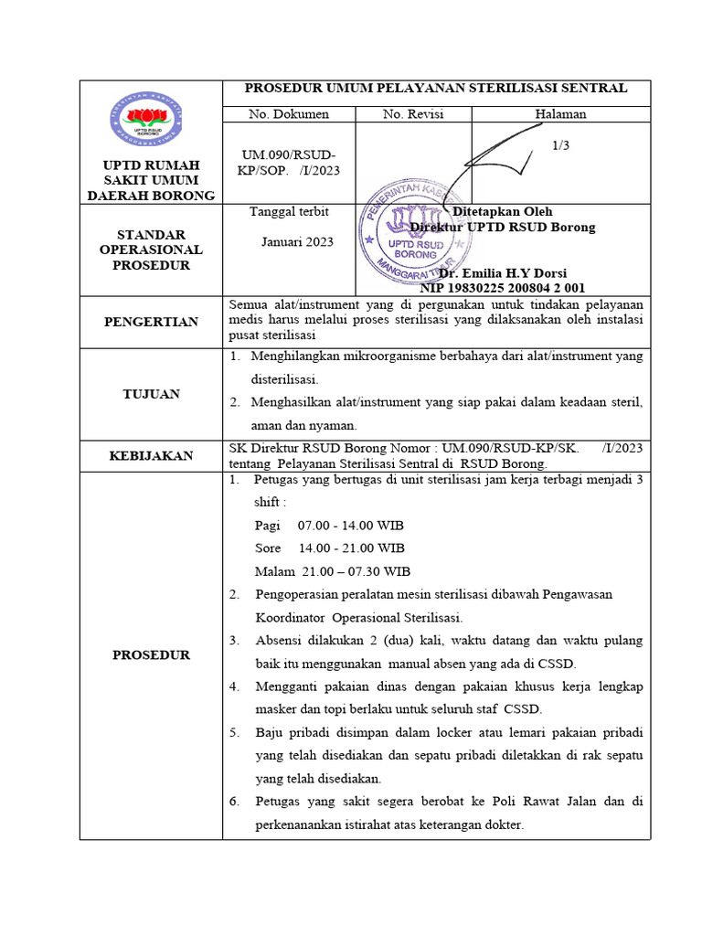 SOP Prosedur Umum Pelaksanaan CSSD | PDF