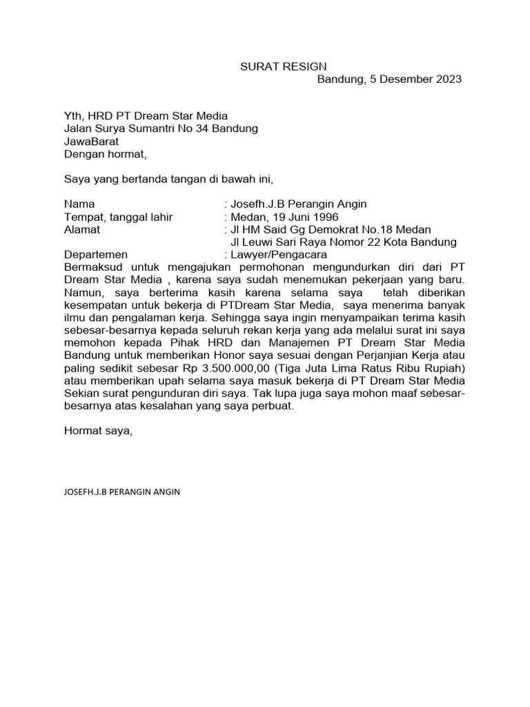 Contoh Surat Resign Profesional | PDF