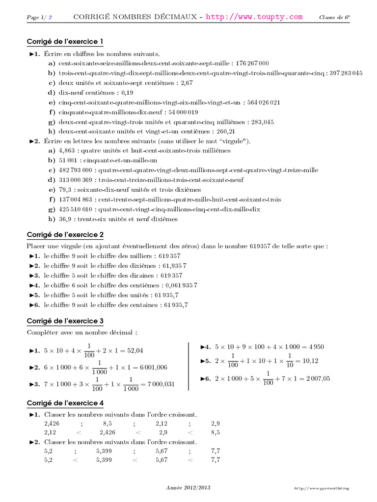 Exercice Nombres Decimaux 1 Corrige | PDF