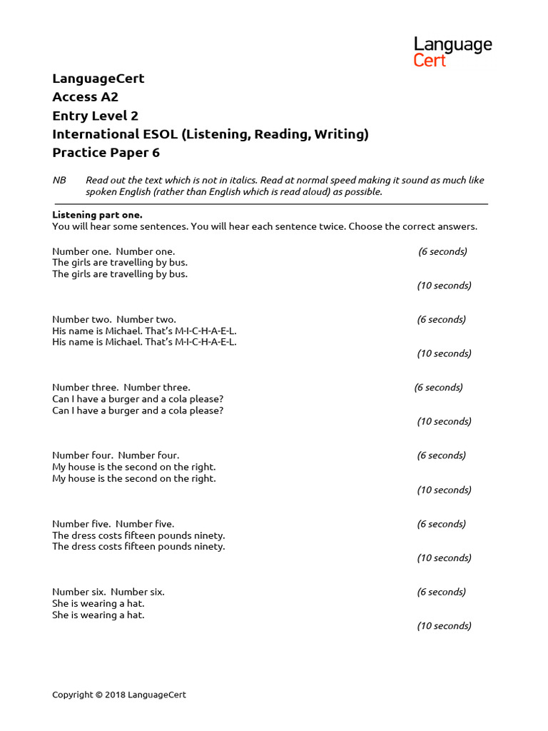 LanguageCert-PP6-A2-IESOL-Ls 99 | PDF