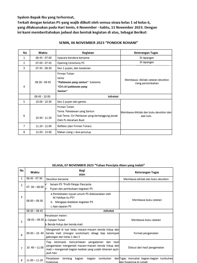 Rundown P5 Fase A Untuk Informasi Kepada Orang Tua | PDF