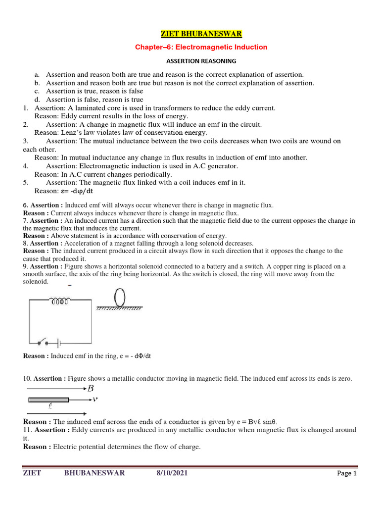 Physics XII CH 6 Physics Assertion Reasoning Electromagnetic Induction | Download Free PDF ...
