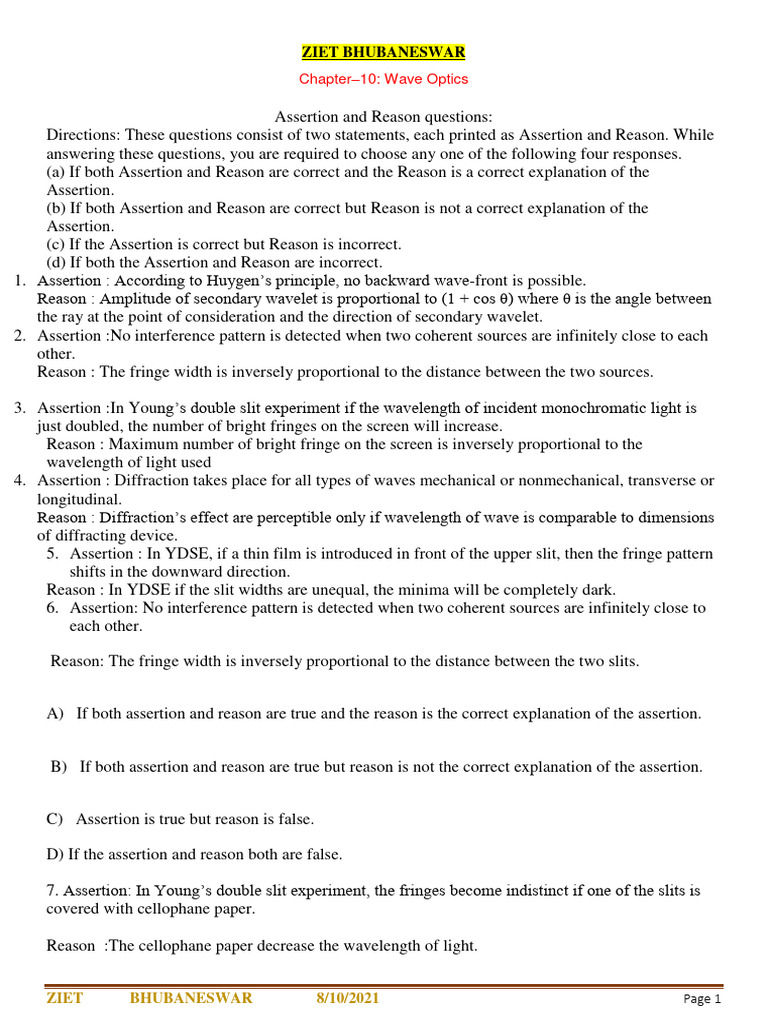 Physics XII CH 10 Physics Assertion Reasoning Wave Optics | PDF | Diffraction | Light