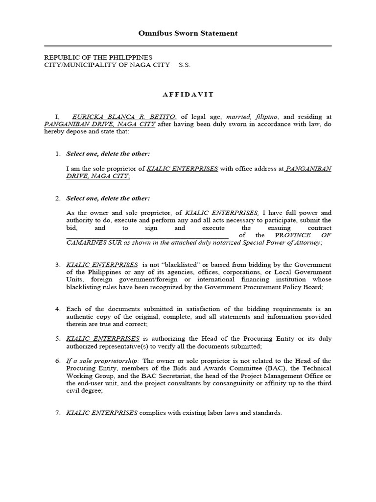 Omnibus Sworn Statement Form | PDF | Sole Proprietorship | Notary Public