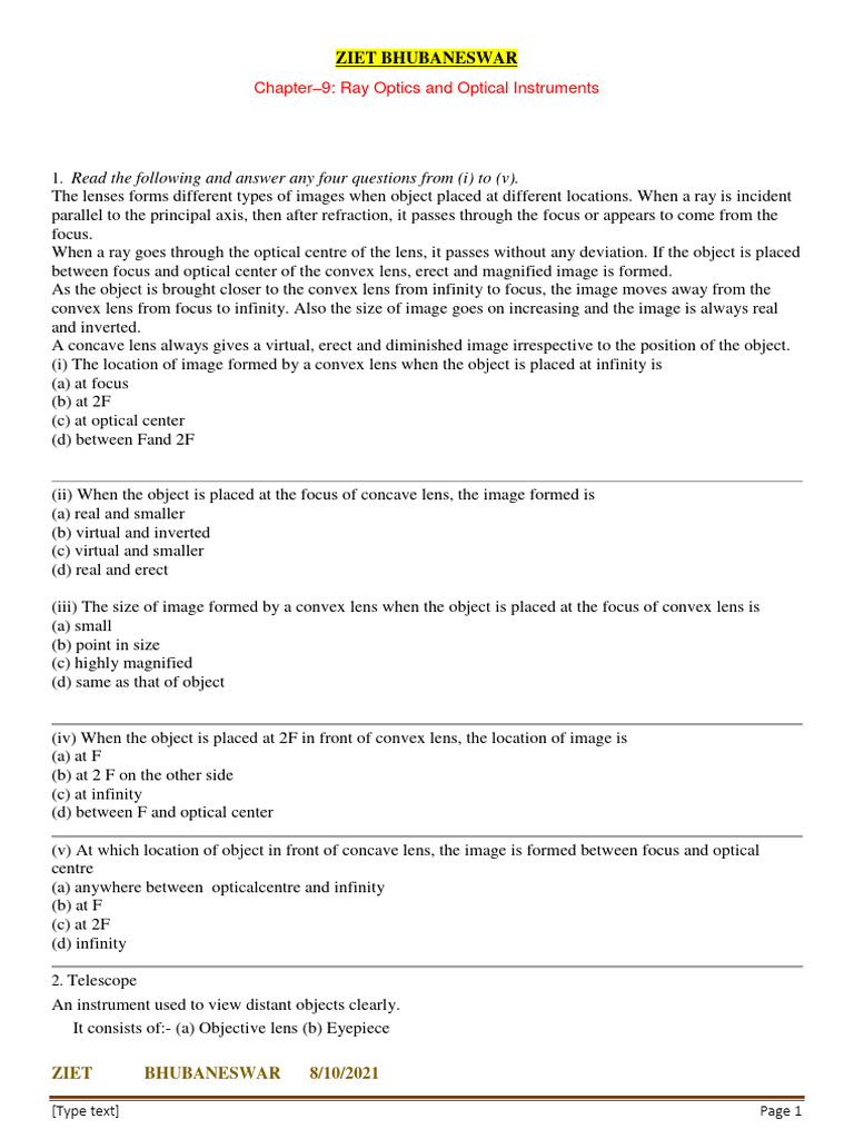 Physics XII CH 9 CASE STUDY Ray Optics and Optical Instruments | Download Free PDF | Optical ...