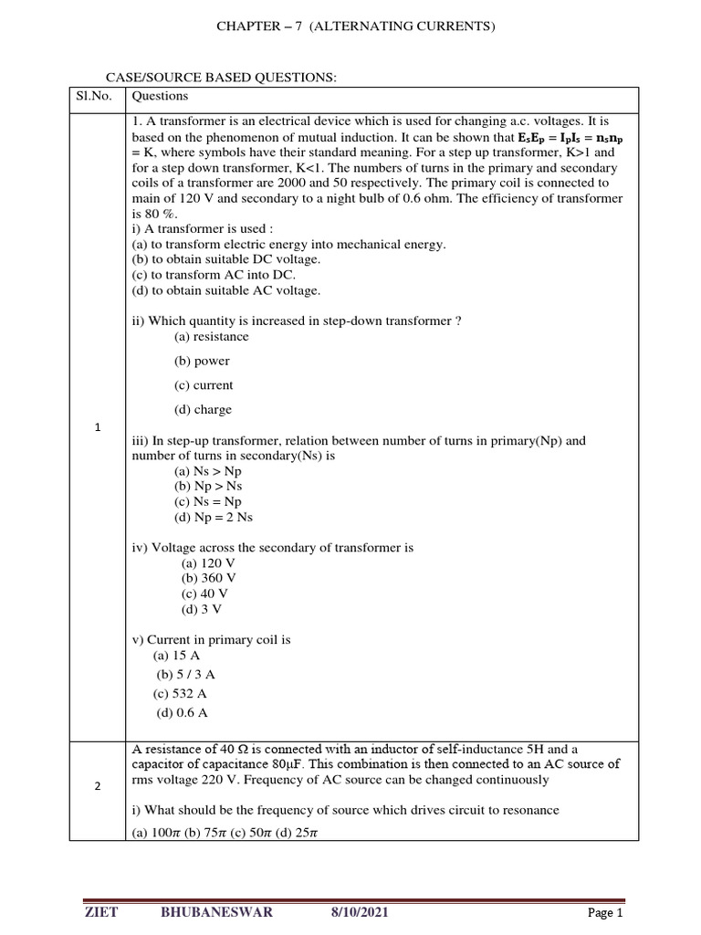 Physics XII CH 7 CASE STUDY Alternating Current | Download Free PDF | Inductor | Transformer