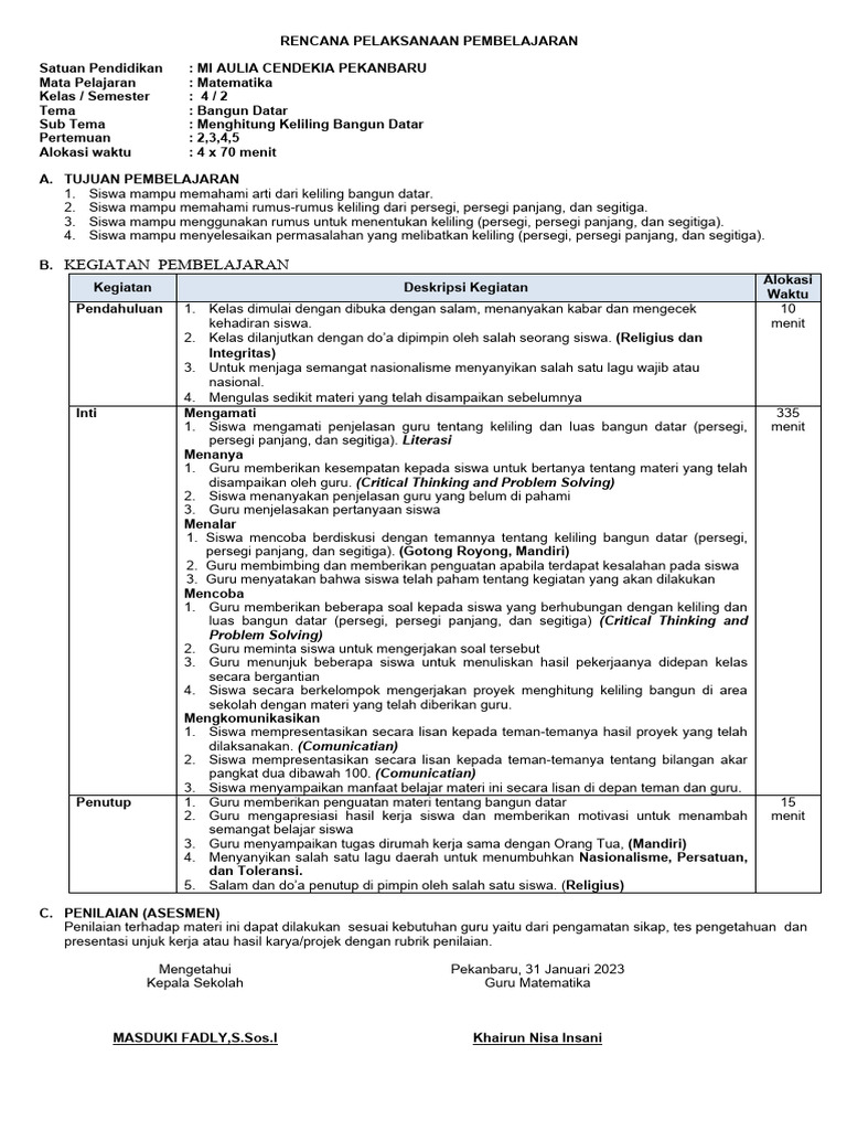 RPP MTK Kelas 4 SM 2 - Menghitung Keliling Bangun Datar | PDF