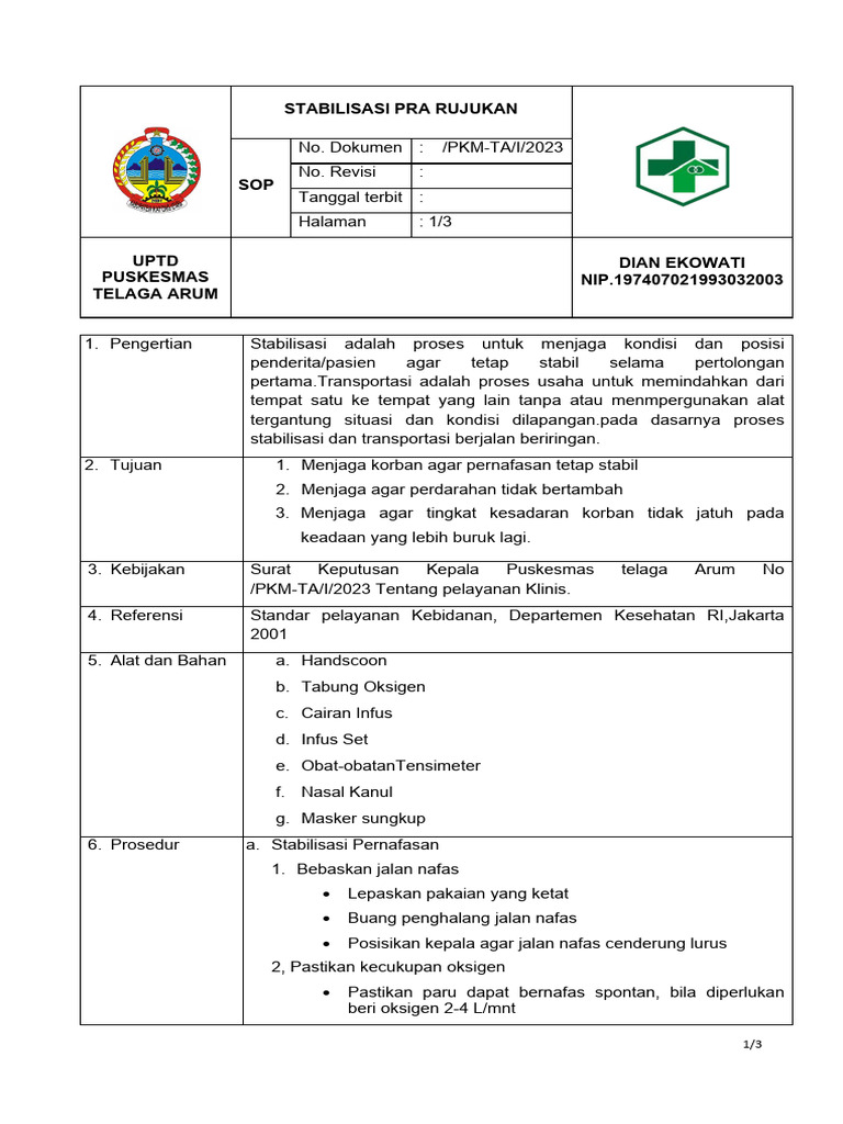Sop Stabilisasi Pra Rujukan | PDF