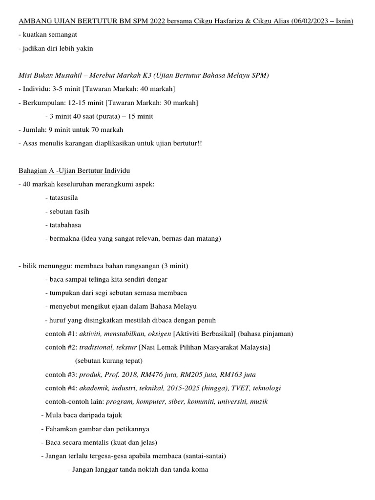 NOTA AMBANG UJIAN BERTUTUR BM SPM 2022 Bersama Cikgu Hasfariza & Cikgu ...