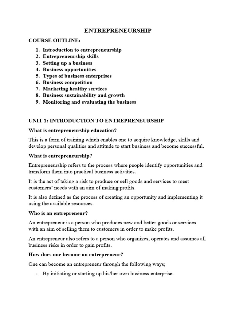INTRODUCTION TO ENTREPRENEURSHIP SKILLS (AutoRecovered) - 1 | PDF ...