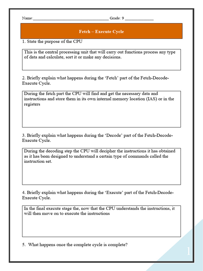 Fetch - Execute Cycle: Name: - Grade: 9 | PDF | Central Processing Unit | Digital Technology
