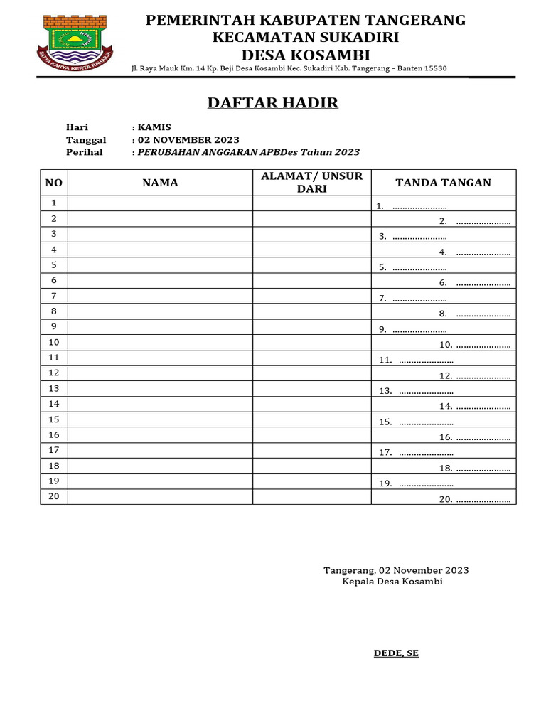Daftar Hadir Kop Desa 1 - 20 | PDF