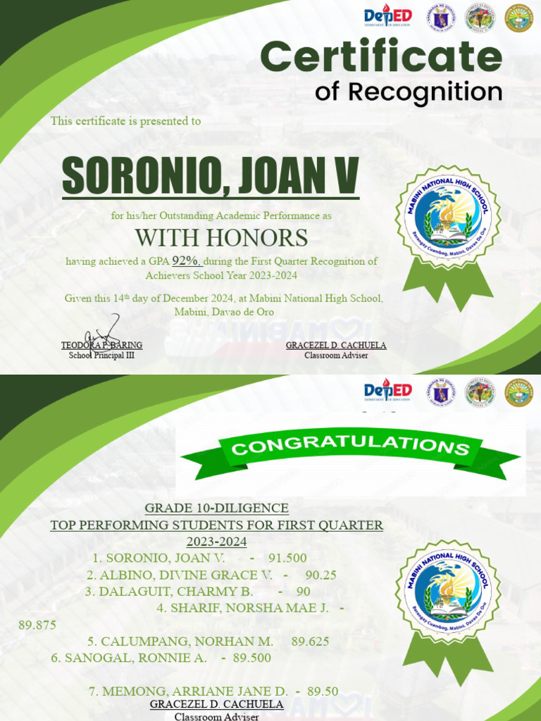 Certificate of Recognition 2023 2024 Mabini NHS | PDF