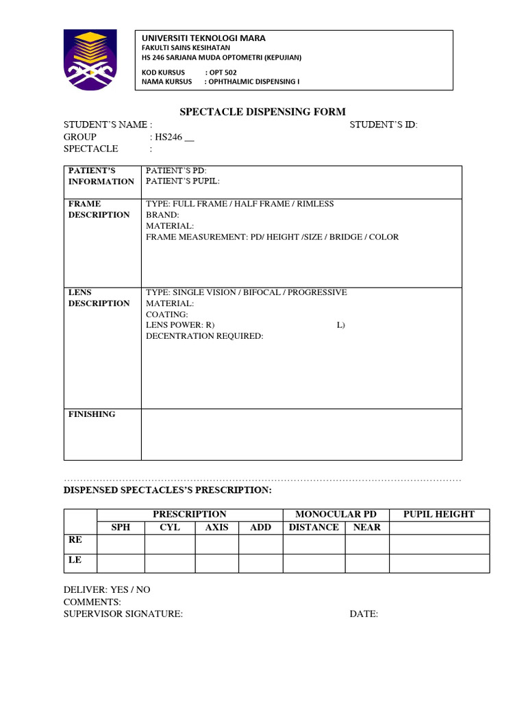 Spectacle Dispensing Evaluation Form | PDF | Glasses | Eye