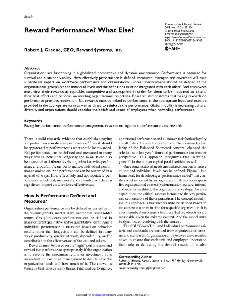 SHRM READING 7 Reward Performance, What Else | PDF | Employment | Employee Retention