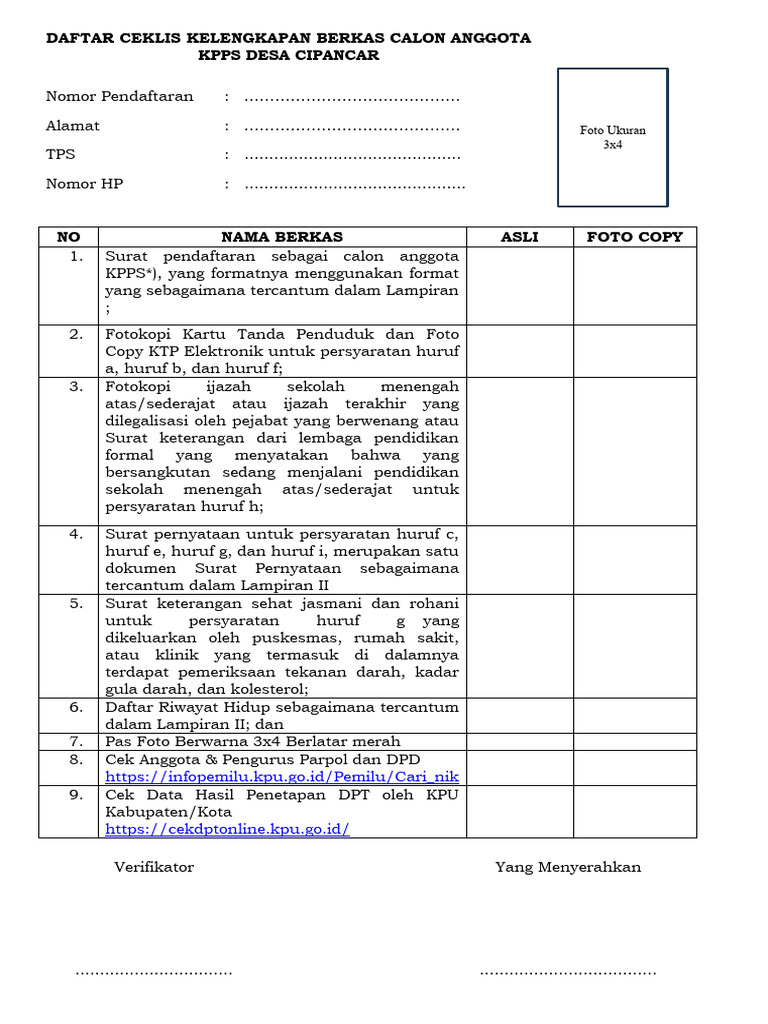 Daftar-Ceklis-Kelengkapan-Berkas KPPS | PDF