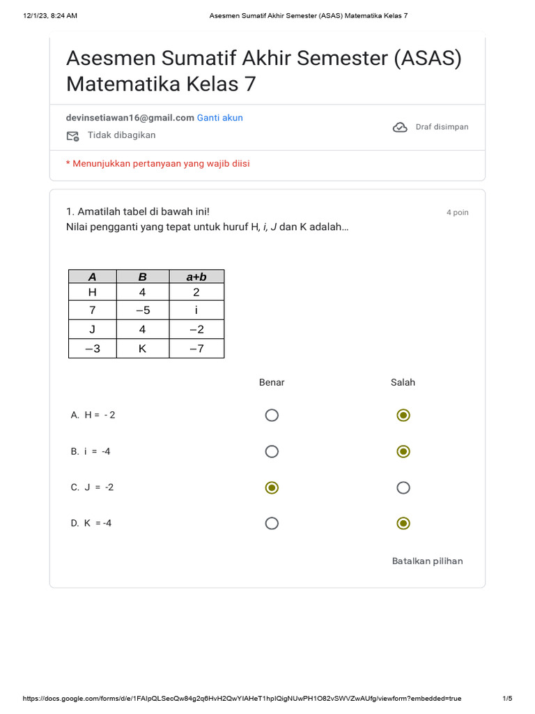 Asesmen Sumatif Akhir Semester (ASAS) Matematika Kelas 7 | PDF