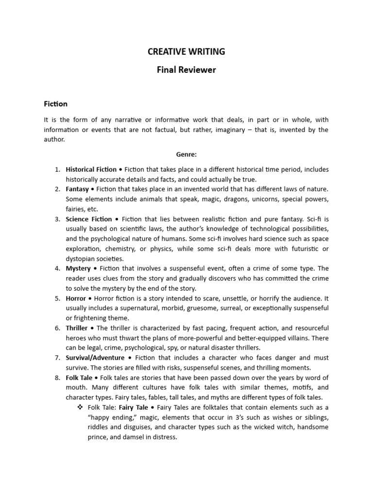 CREATIVE WRITING Final Reviewer | PDF | Narration | Fairy Tales