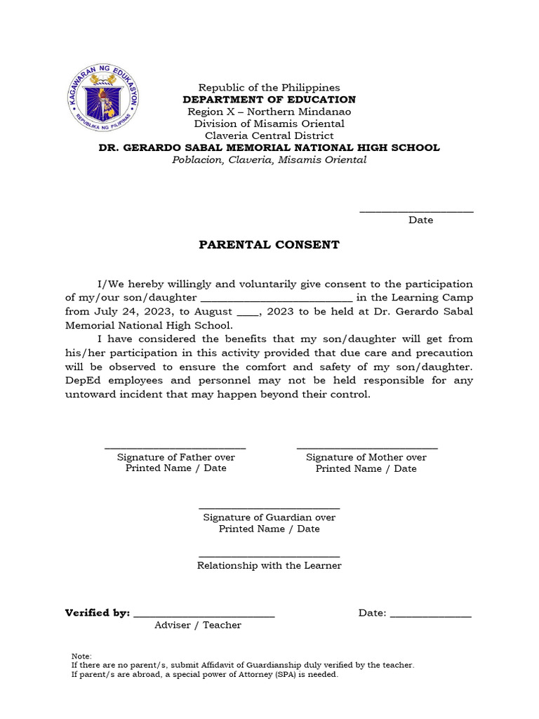 Parental Consent Form for Learning Camp | PDF
