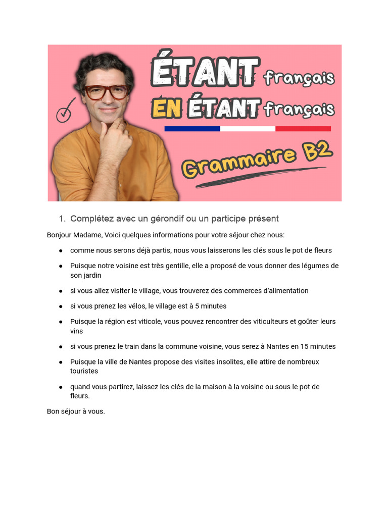 Exercices sur le gérondif et participe présent | PDF