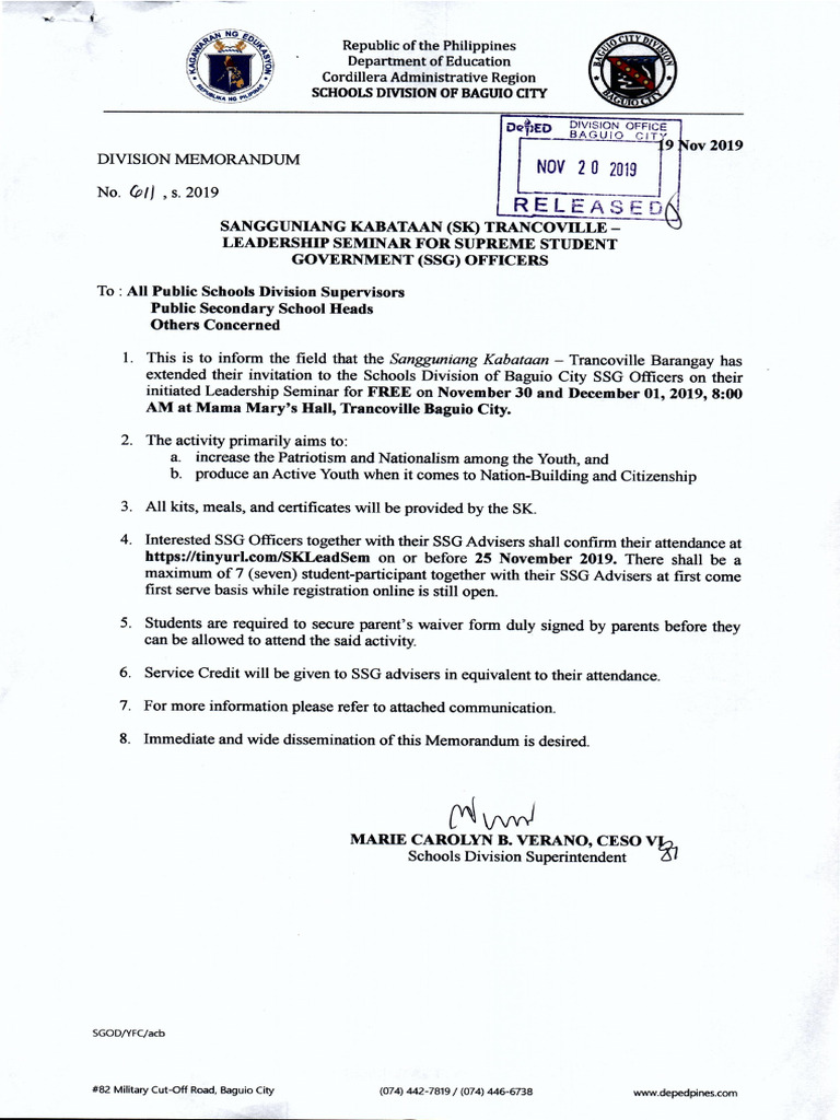 Division Memorandum No. 611 S. 2019 Sangguniang Kabataan SK Trancoville ...