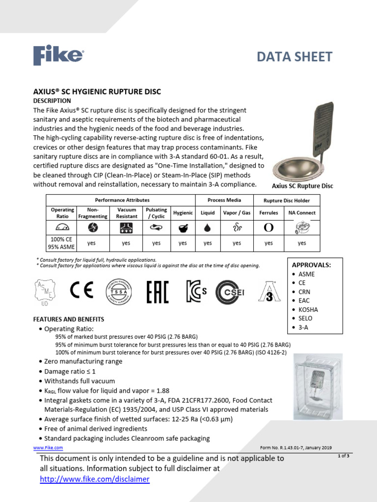 Axius SC Sanitary Rupture Disc R14301 Datasheet EN | PDF | Applied And ...